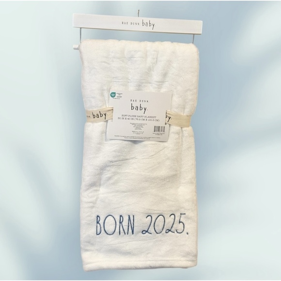 Rae Dunn | Other | Rae Dunn Born 225 Soft Plush White Blue Baby Blanket ...
